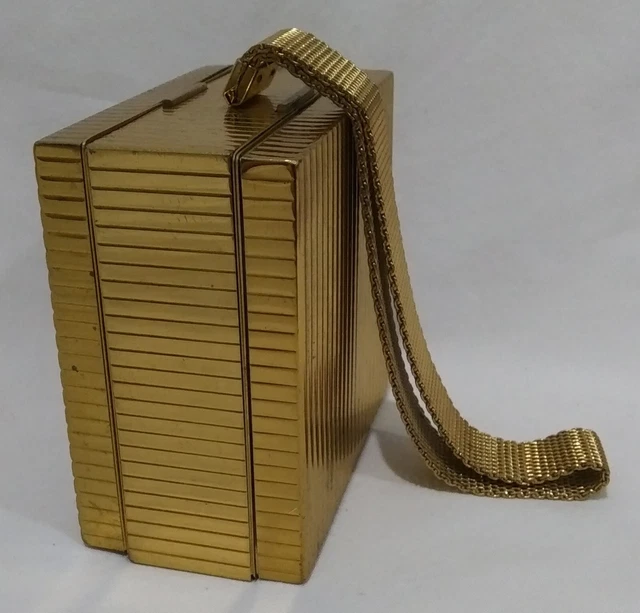 VINTAGE EVAN'S GOLD Tone Metal Compact Purse Carry All Mesh Strap Two ...