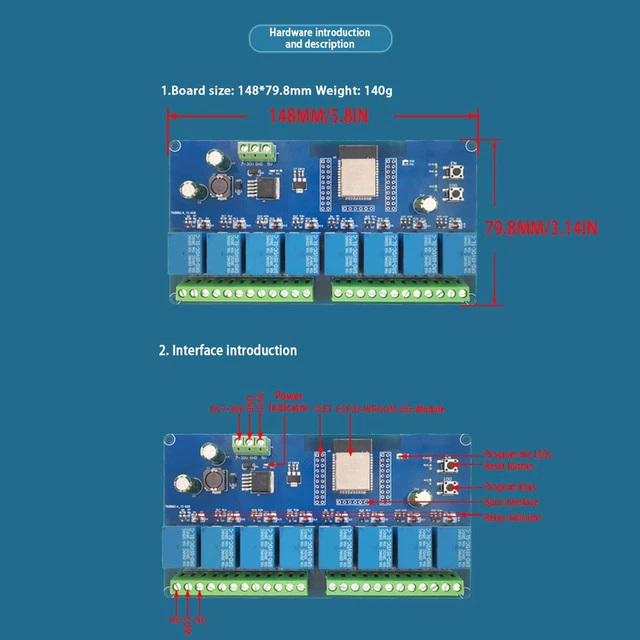 8-KANAL-RELAIS-MODUL ESP32 WIFI BLE Entwicklungsboard ESP32-WROOM-32E DC 5-30V EUR 32,77 ...