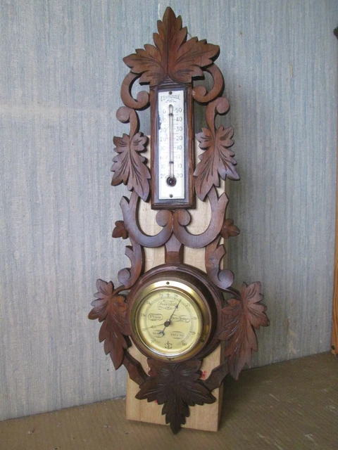 BAROMETRE MURAL STYLE Foret Noire bois sculpté emai laiton Barometer LM ...