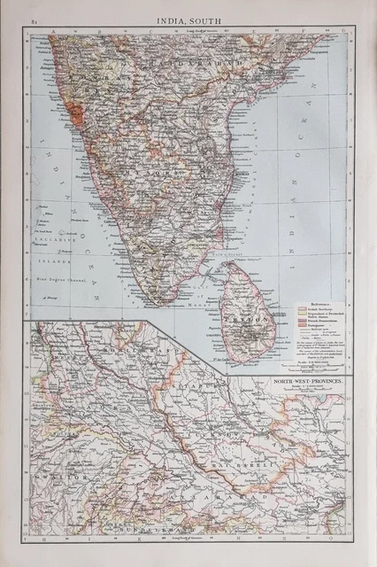 1895 ANCIEN CARTE Inde Sud Ceylan Mysore Madras Goa Bombay Haidarabad ...