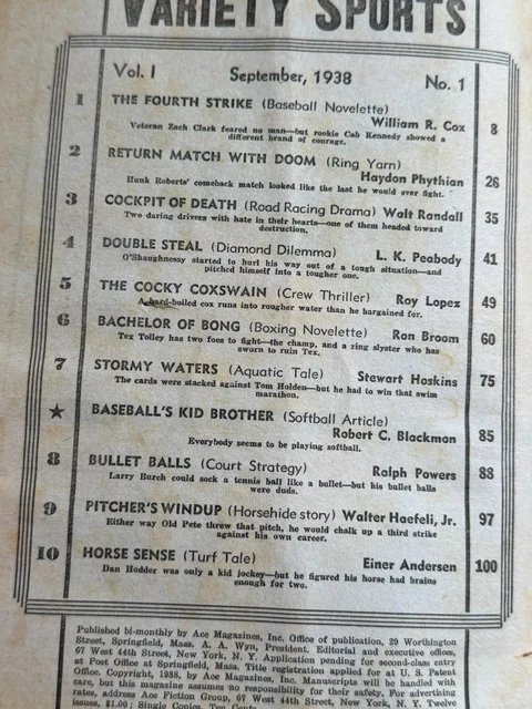 VARIETY SPORTS SEPT 1938 Issue #1 Pulp Magazine Breaking Up Pulp ...