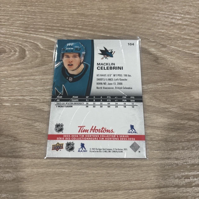 MACKLIN CELEBRINI 2025-26 Ud Tim Hortons Card San Jose Sharks $2.99 ...