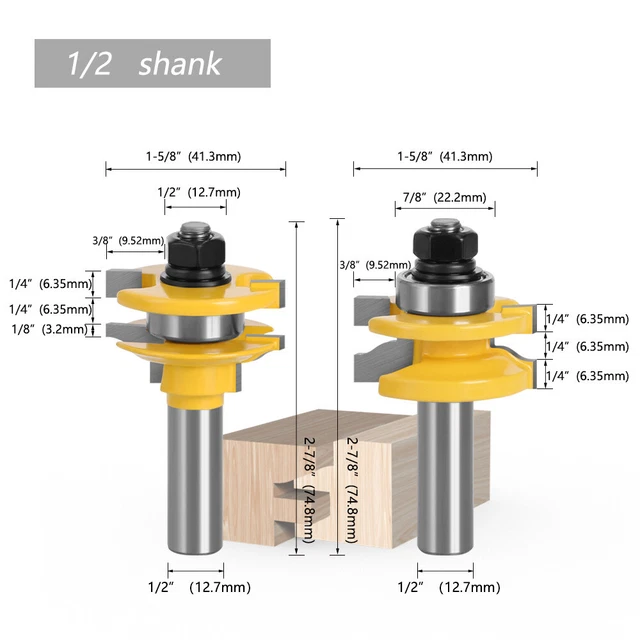 RAIL & STILE Joint Router Bits Set Tongue & Groove Cutter 1/4" 12mm 1/2 ...