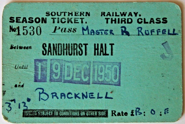 SOUTHERN RAILWAY - Season Ticket. SANDHURST HALT to BRACKNELL (19 DEC ...