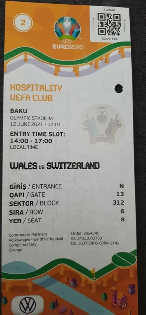 SAMMLER USED VIP Ticket UEFA EURO 2020 Wales - Switzerland, Baku #2 EUR ...