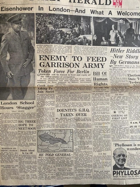 1945 DAILY HERALD Wwii Newspaper Hitler Riddle Enemy To Feed Army ...