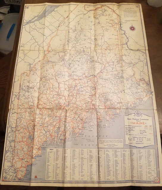1937 STATE HIGHWAY Commission Route Map of Maine 27 1/2" by 19 1/4 ...