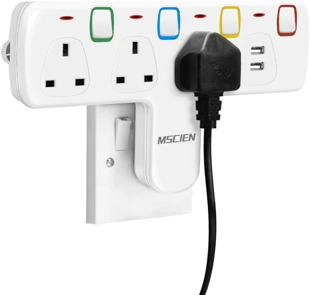 5-IN-1 MULTI PLUG Extension 3 Way 2 USB with Individual Switched Wall ...
