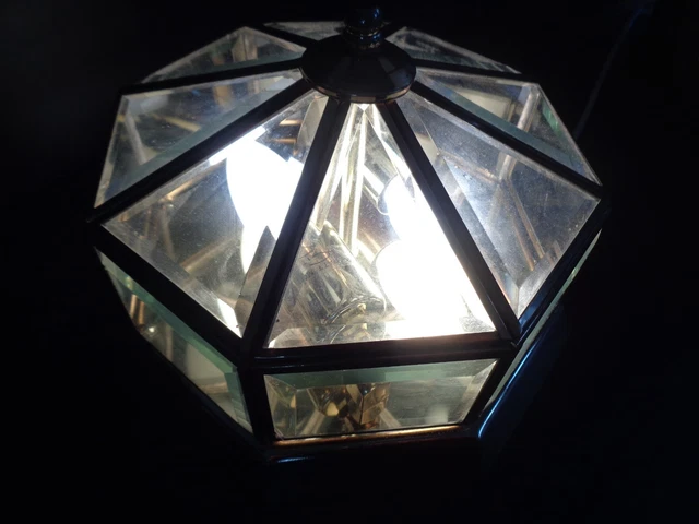 VINTAGE BRASS & Beveled Glass Octagonal Light Fitting Fixture Ceiling 2 ...