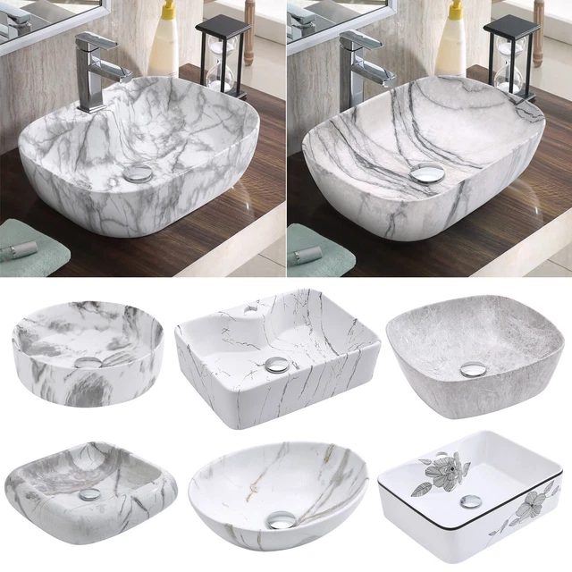 MARBLE EFFECT BATHROOM Vanity Ceramic Wash Basin Cloakroom Sink Counter ...