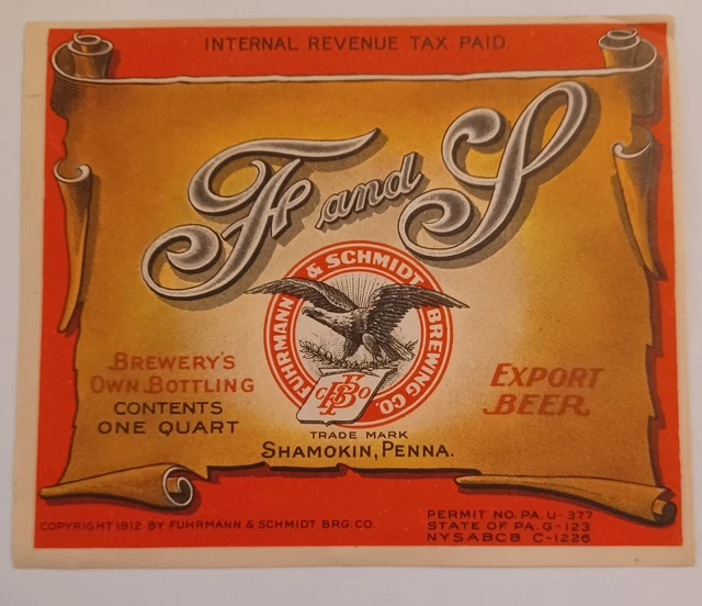 IRTP, U PERMIT F & S Export Beer Label, Fuhrman & Schmidt Brewing ...