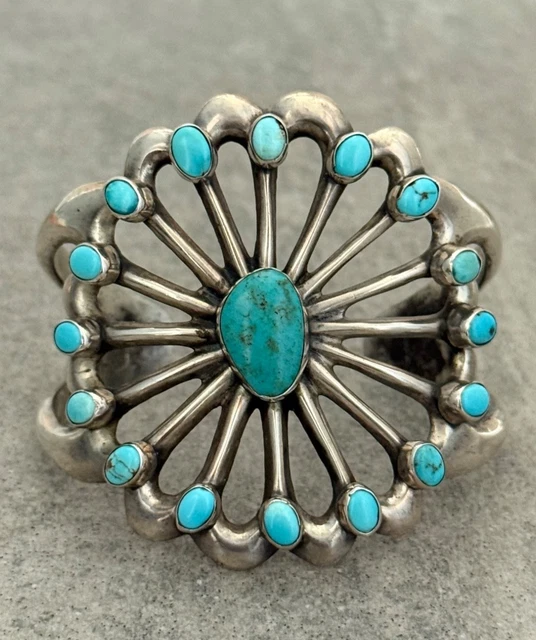 RARE VINTAGE 50'S Navajo Turquoise WIDE SUNBURST Sandcast Sterling ...