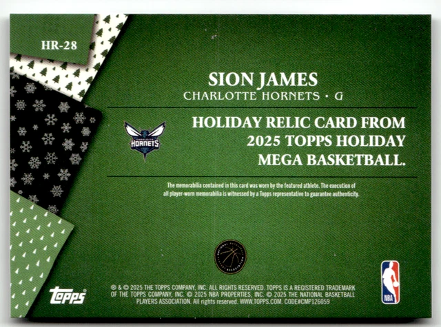 TOPPS NBA FLAGSHIP Holiday 2025 No. HR-28 Sion James Rookie Player-Worn ...