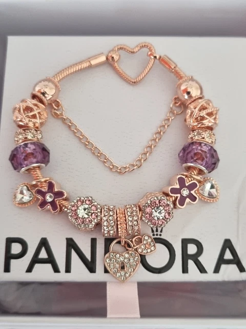GENUINE PANDORA BRACELET Rose Gold Heart ALE MET+Rose Charms +Pandora ...