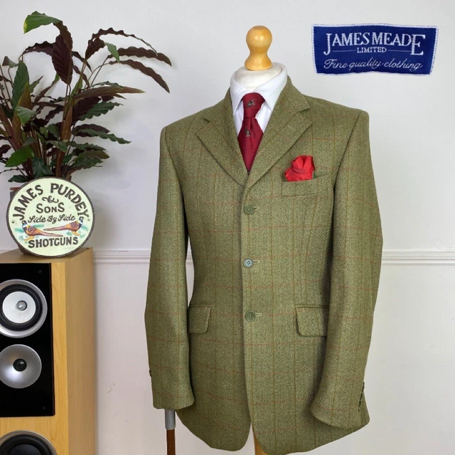 JAMES MEADE TWEED Modern Jacket Windowpane Herringbone Plaid Hacking ...
