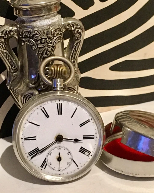 FINE ANTIQUE SOLID Silver 0.800 open face Pocket Watch with outer shell ...