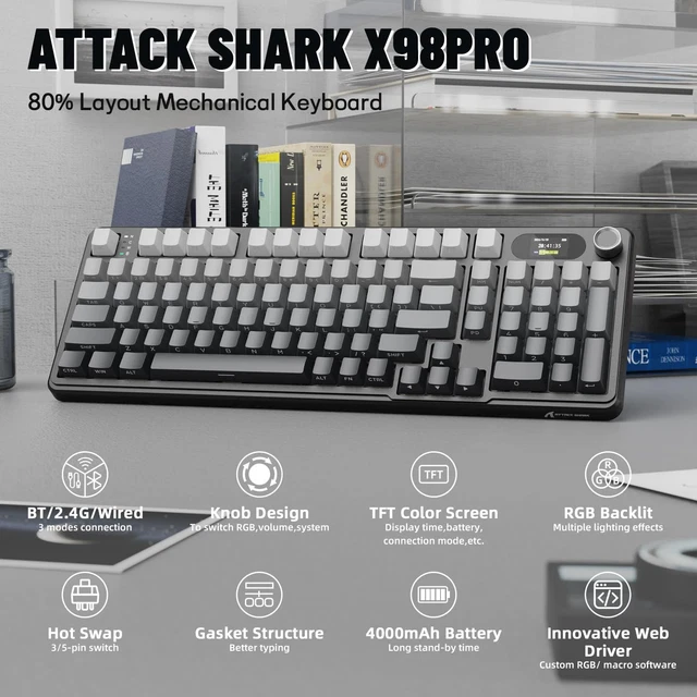 ATTACK SHARK X98 Pro Wireless Mechanical Keyboard with Screen & Knob,2 ...
