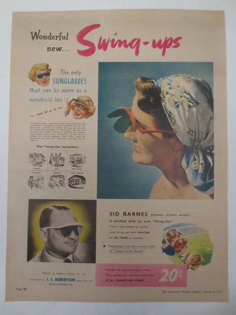VINTAGE AUSTRALIAN ADVERTISING 1951 ad SWING-UPS SUNGLASSES cricket art ...