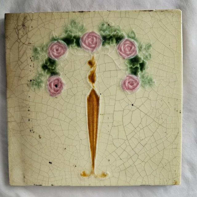 ENGLISH ART NOUVEAU DESIGN 6 INCH ANTIQUE TILE (B) roses £24.00 ...