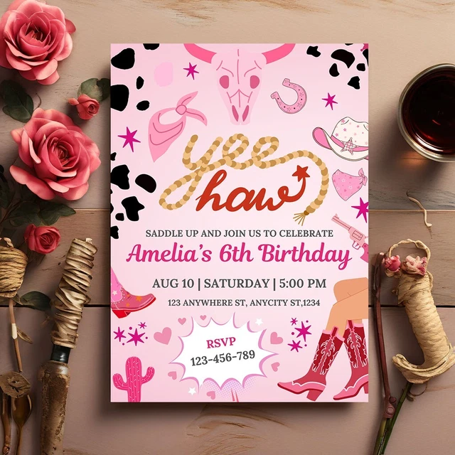 EDITABLE PINK COWGIRL Birthday Invitation Template, Yee Haw Let's go ...