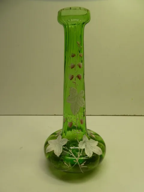 ANTIQUE VICTORIAN GREEN Glass Vase Hand Painted Enamel Flowers Lily ...