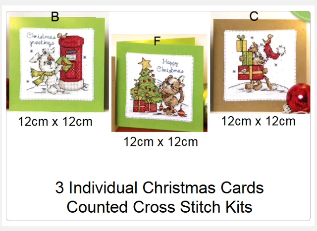 3 CHRISTMAS CARDS Counted Cross Stitch Kits 14 ct Dog Cat Tree Presents ...