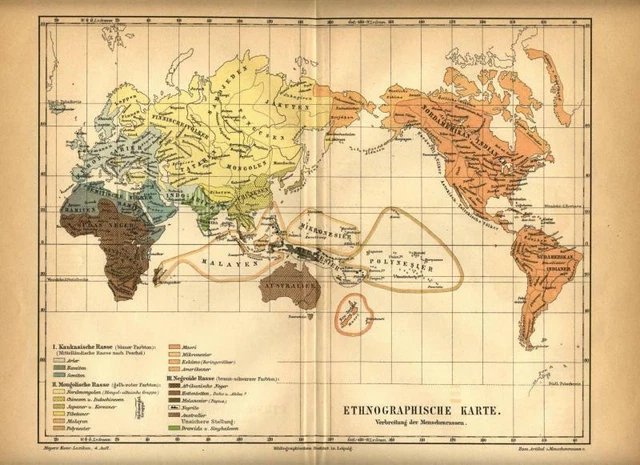 1889 ANCIENT ETHNOGRAPHIC MAP OF THE WORLD = Ethnic Populations = Old ...