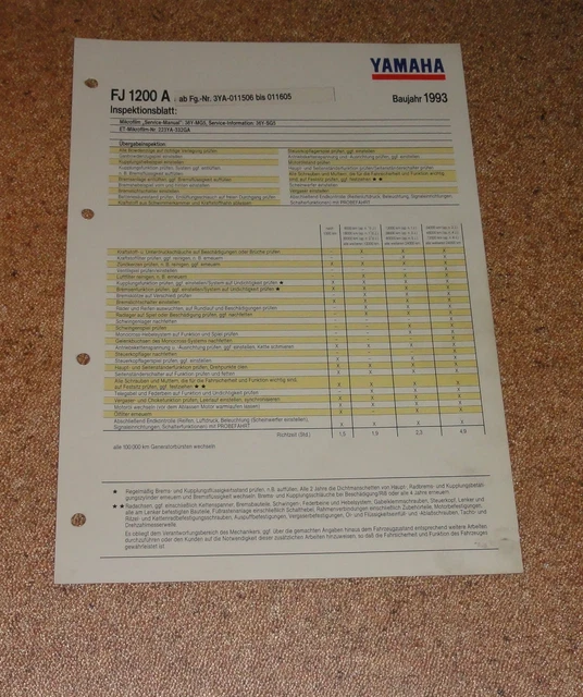 INSPEKTIONSBLATT YAMAHA FJ 1200 A Type 3YA Année 1993 EUR 5,50 ...