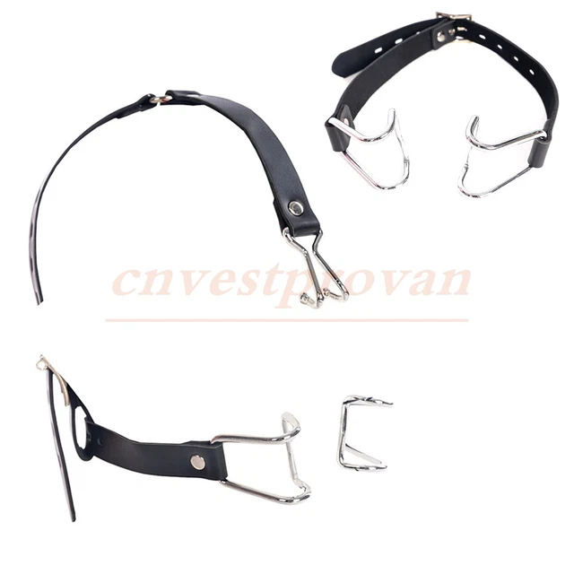 BONDAGE SHACKLE HEAD Hood Harness Nose Hook Restraints Open Mouth Gag ...