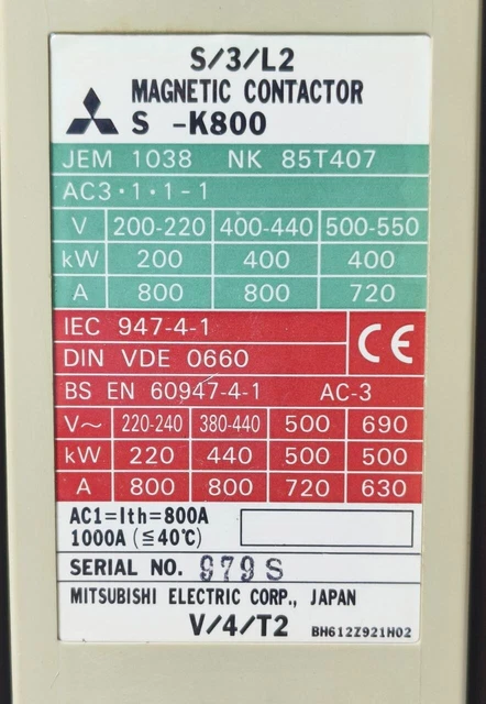 MITSUBISHI S-K800 3POLE 380-440V 50/60Hz 800A AC Magnetic Contactor ...