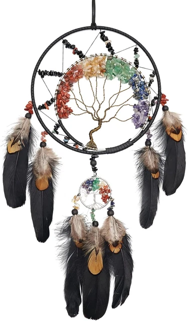 7 CHAKRAS DREAM Catchers Tree of Life Dream Catcher Black Feather Wall ...