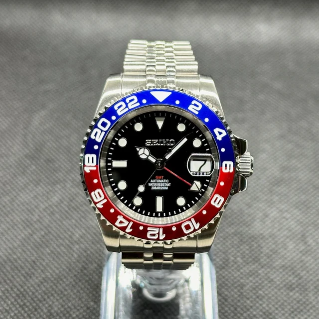 SEIKO MOD GMT Pepsi NH34 Automatic Watch 40mm, Stainless Steel, Custom Red-Blue $399.00 ...