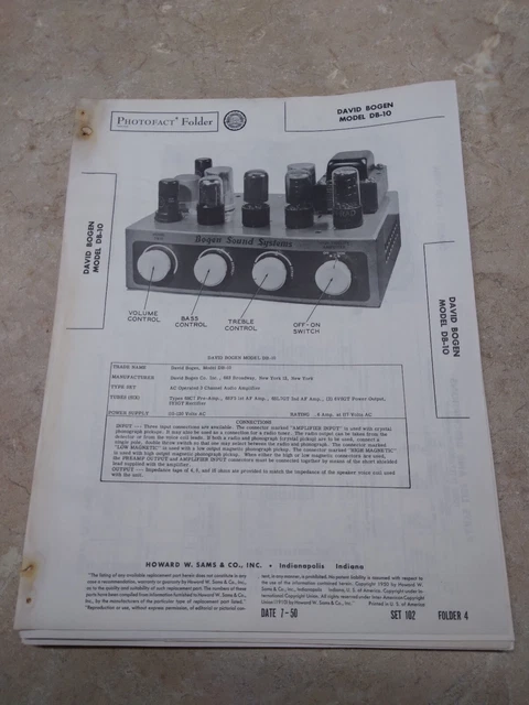 DAVID BOGEN DB-10 TUBE AMP Schematic Parts Locator SAMS PHOTOFACTS 102/ ...