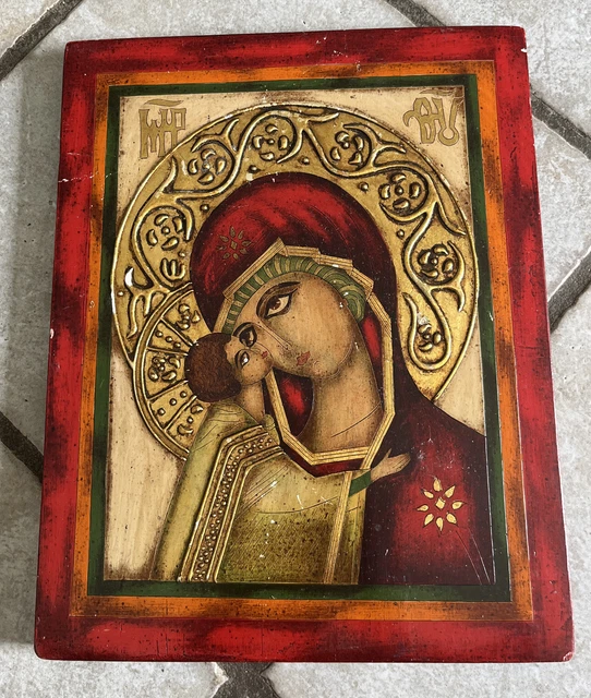 ALTES HOLZ BILD Ikone Madonna mit Jesuskind Wandbild Unikat EUR 22,00 ...