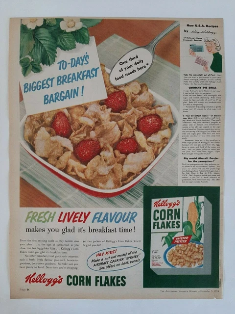 VINTAGE AUSTRALIAN ADVERTISING 1954 ad KELLOGG'S CORN FLAKES bowl box ...