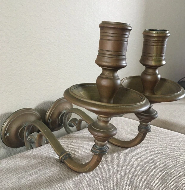 ANTIQUE 18TH C. DUTCH COLONIAL BRONZE PAIR SINGLE BRANCH CANDLE WALL ...