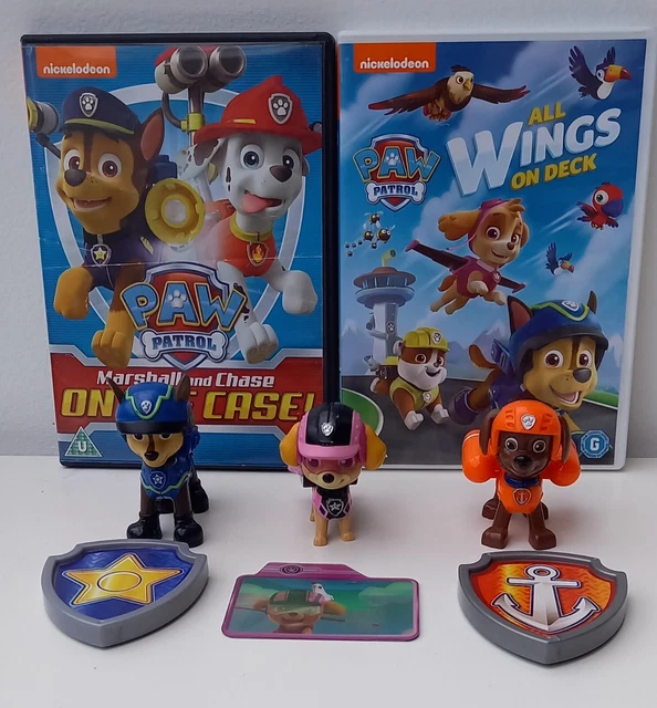 PAW PATROL BUNDLE, Chase Skye & Zuma,Badges 2 DVDs, Press Badge Wings ...