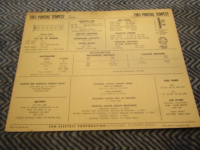 1965 PONTIAC TEMPEST L-6 Engine Specification Chart Sheet EUR 7,76 ...