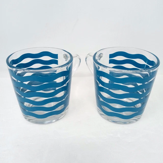 VINTAGE IKEA BLUE Wavy Line Retro MCM Glass Coffee Mug Cups - Set of 2 ...