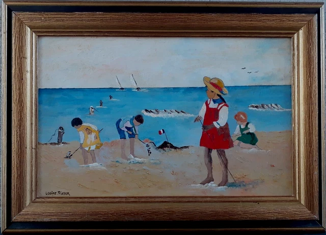 TABLEAU HUILE SUR bois paysage marine enfants à la plage signé LOUISE ...