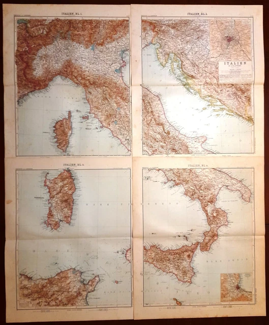 ANTIQUE GEOGRAPHIC MAP ITALY 4 SHEETS before WORLD WAR 1 1905 Antique ...