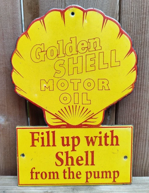 VINTAGE GOLDEN SHELL MOTOR OIL PORCELAIN ENAMEL METAL SIGN SIZE 10" x 7 ...