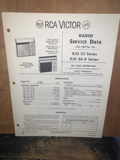 Rca Radio Service Data Sheet For Rjg 25 And 86 K Series Schematics