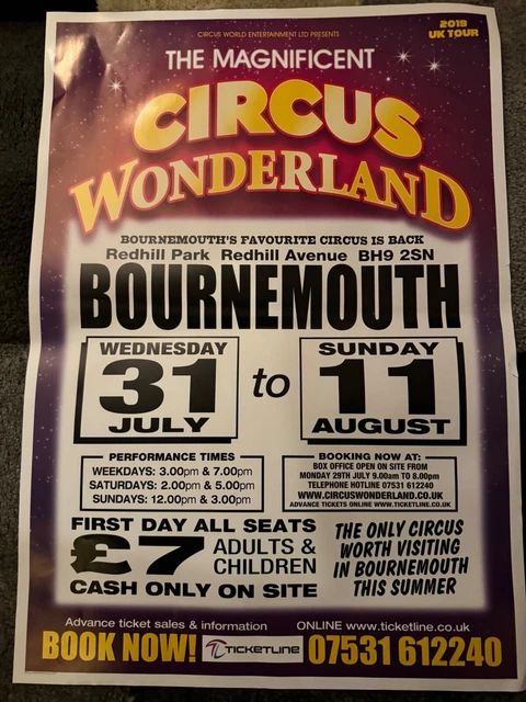 BOURNEMOUTH WONDERLAND CIRCUS Poster cirque Affiche plakat circo £2.00 ...