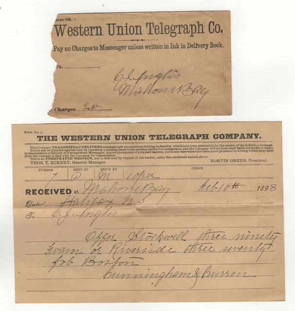 THE WESTERN UNION Telegraph Cover Form 116 With Enclosure Form No. 1 ...