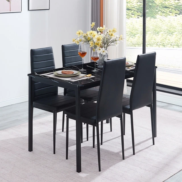 47& BLACK MARBLE MDF Top Dining Table & 4x Black Faux Leather Dining ...