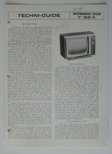 1969 TECHNI-GUIDE WESTINGHOUSE CP1500 15'' COLOR TV Service Bulletin ...