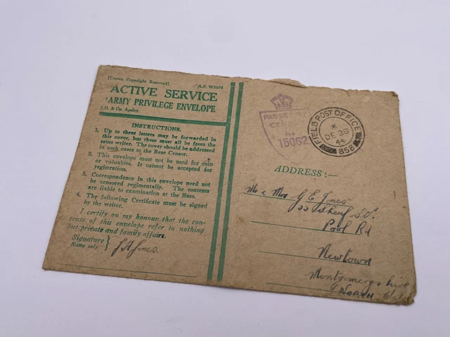 WORLD WAR TWO Era British Envelope, "Active Service Army Privilege ...
