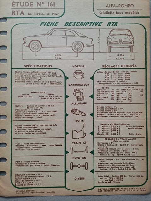 FICHE TECHNIQUE AUTOMOBILE RTA ALFA ROMEO GIULIETTA 1954 à 1958 n°161 ...