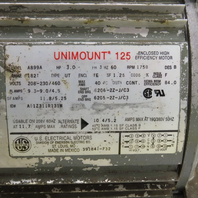 US ELECTRICAL A899A 3HP Electric Motor 208-230/460V 3PH 1750RPM 182T ...